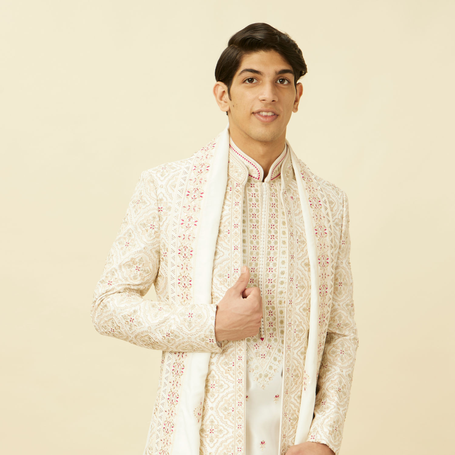 Buy Cream Embroidered Jacket Style Sherwani Set Online in India @Twamev ...